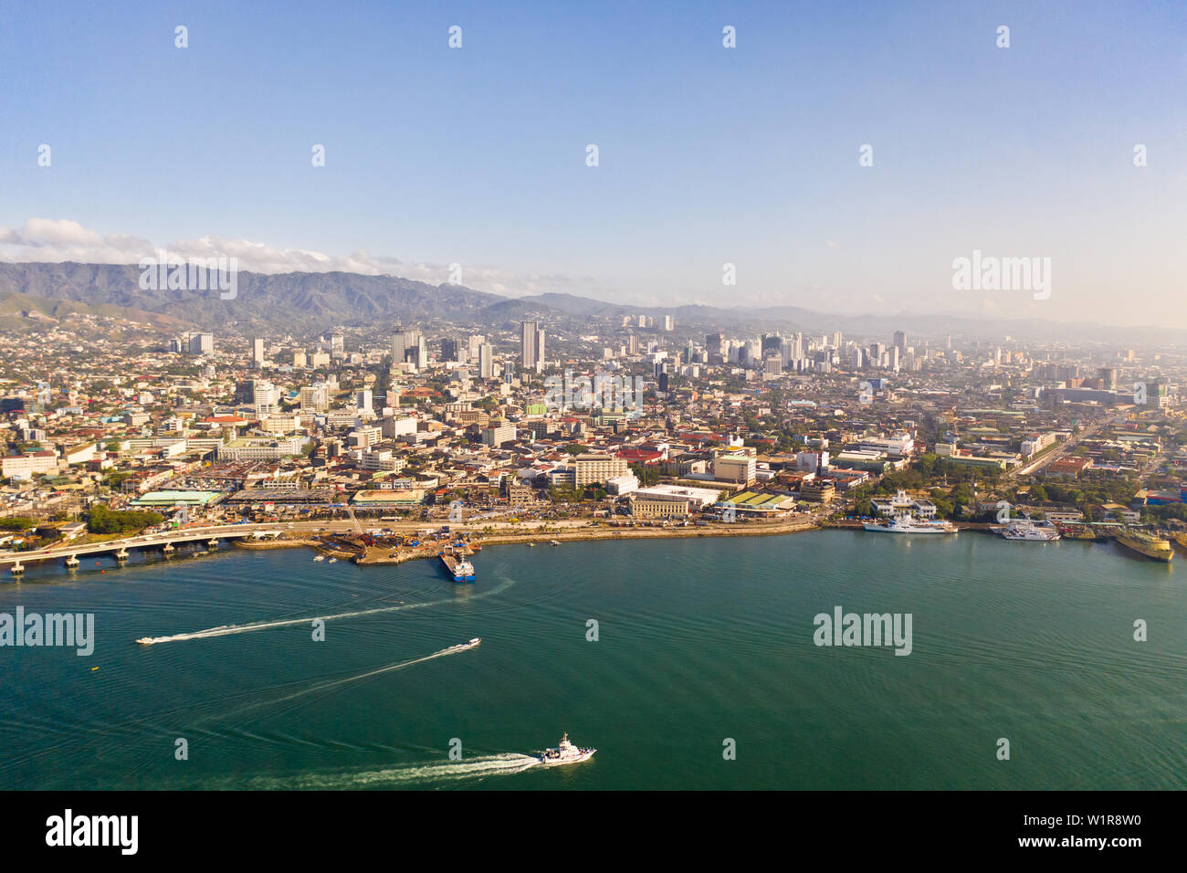 Cityscape in the morning. Streets and seaport of the city of Cebu ...
