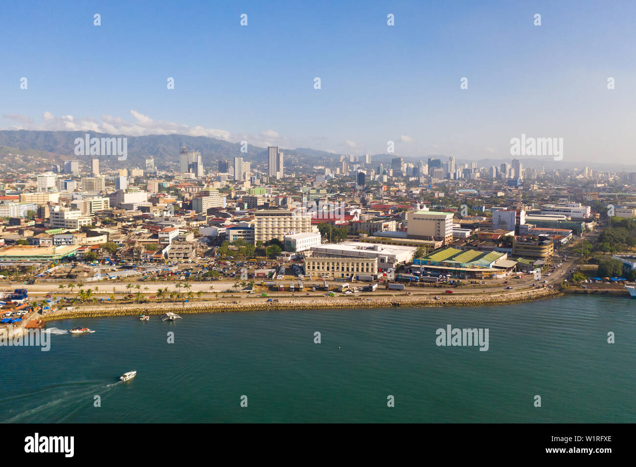 Cityscape in the morning. Streets and seaport of the city of Cebu ...