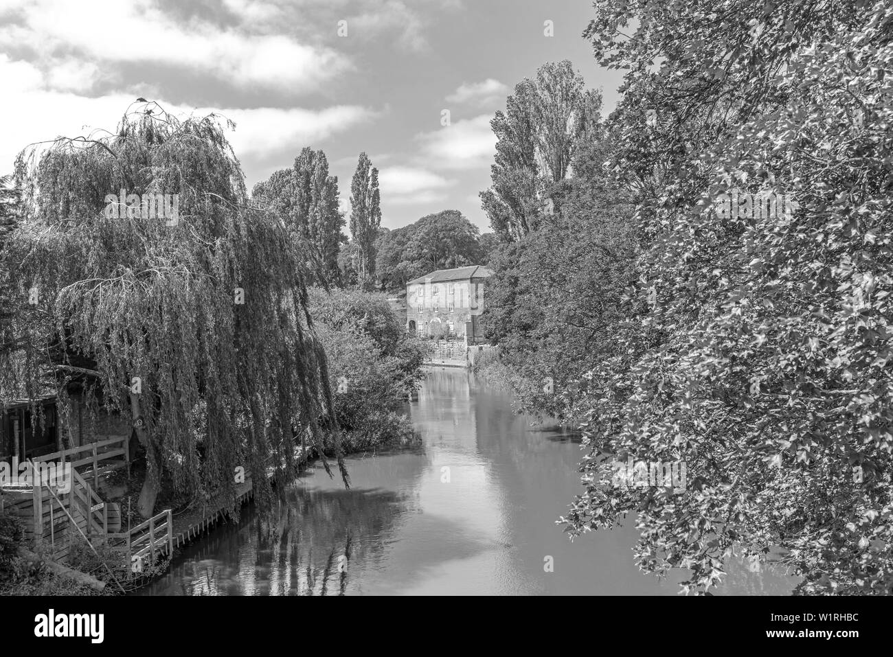 The River Derwent as it runs through Malton in Yorkshire. Trees line ...