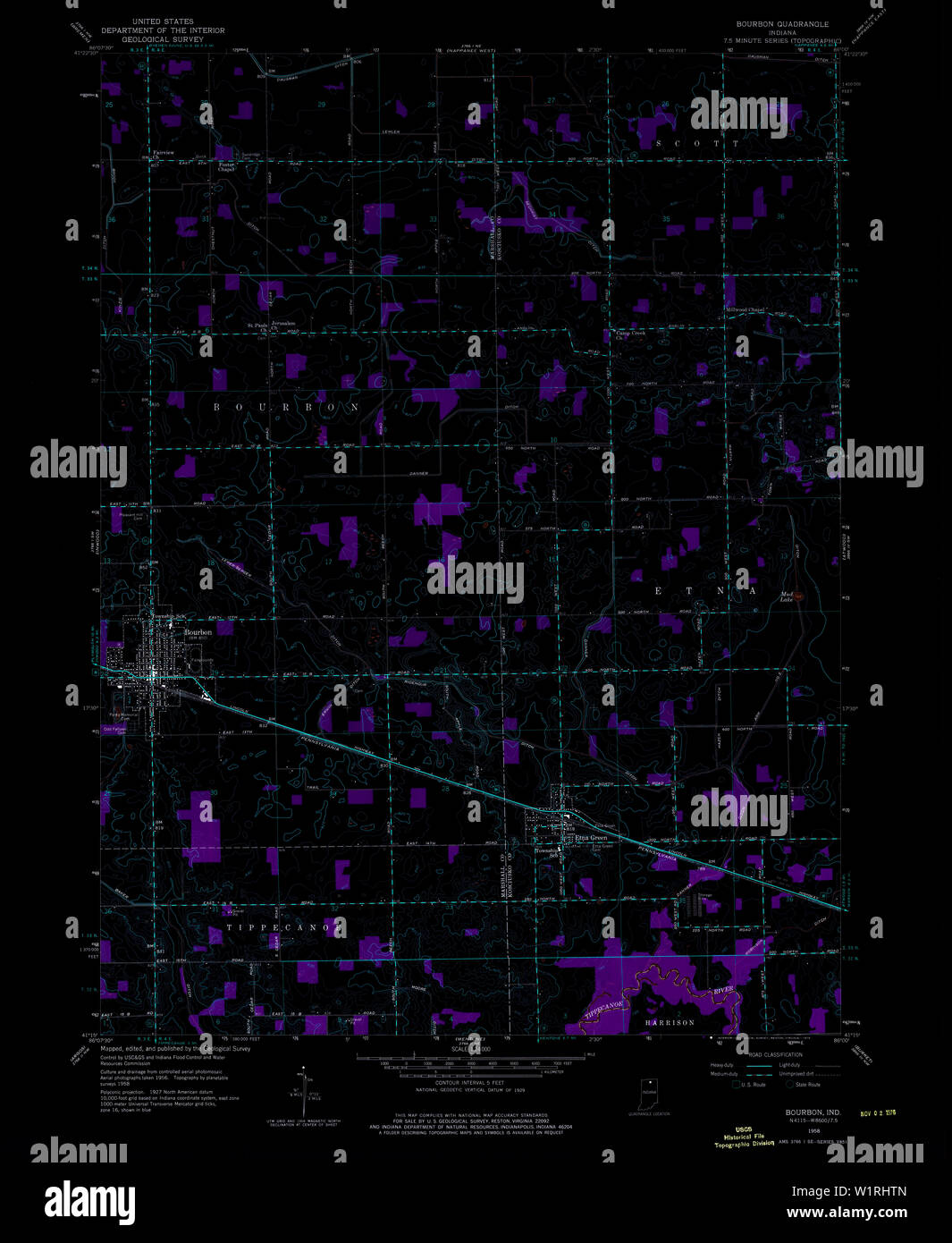 USGS TOPO Map Indiana IN Bourbon 156287 1958 24000 Inverted Restoration ...