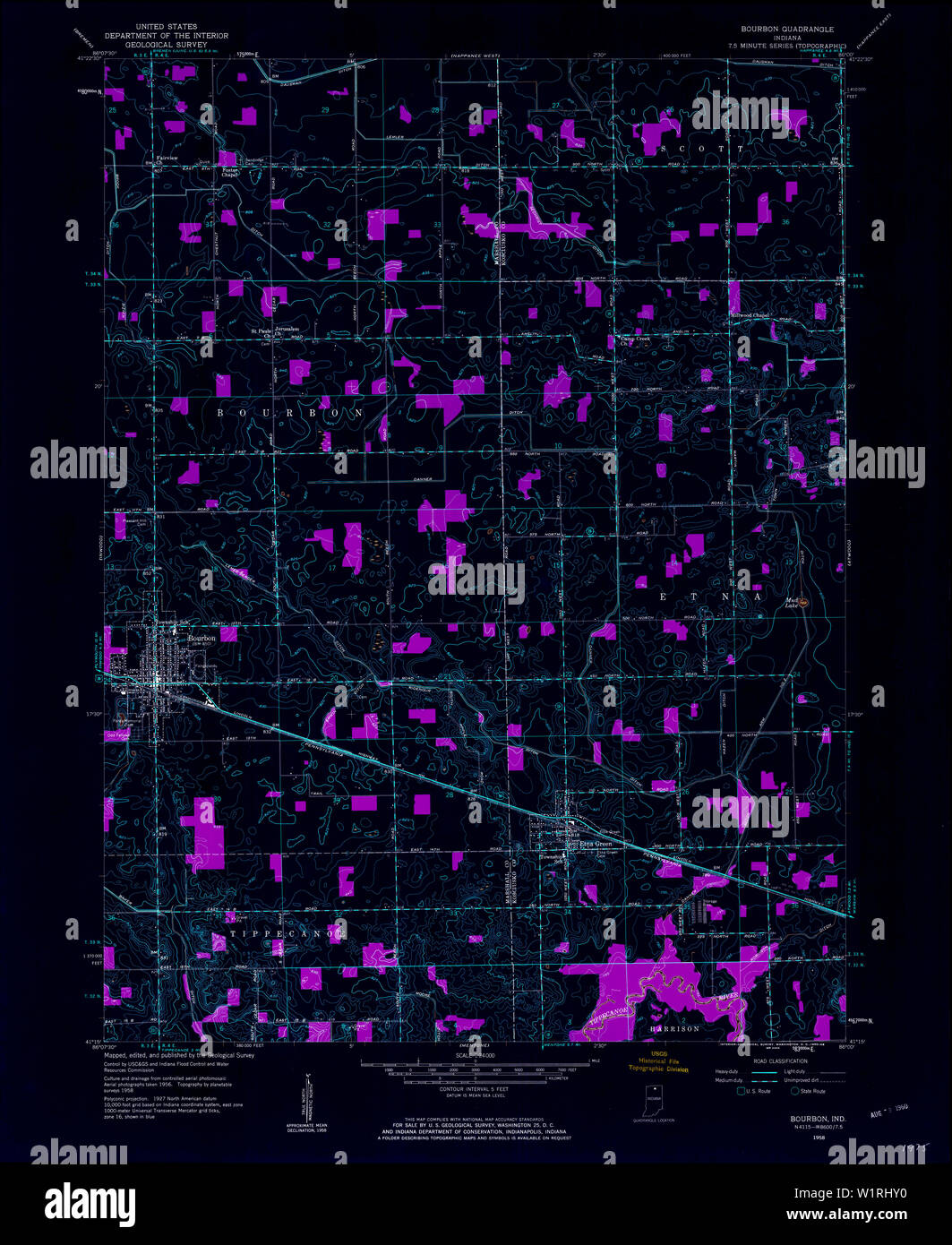 USGS TOPO Map Indiana IN Bourbon 156288 1958 24000 Inverted Restoration ...