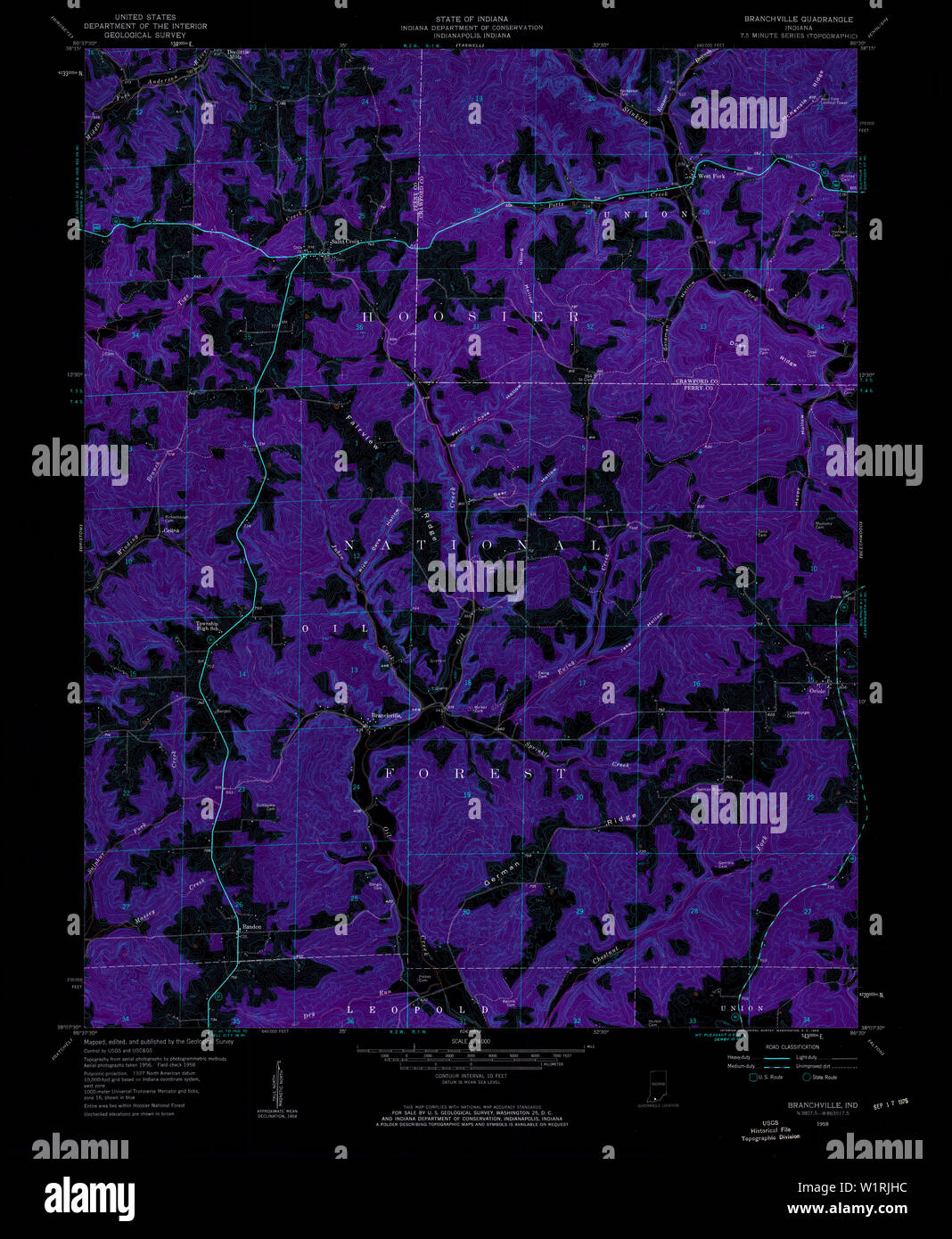 USGS TOPO Map Indiana IN Branchville 156290 1958 24000 Inverted ...