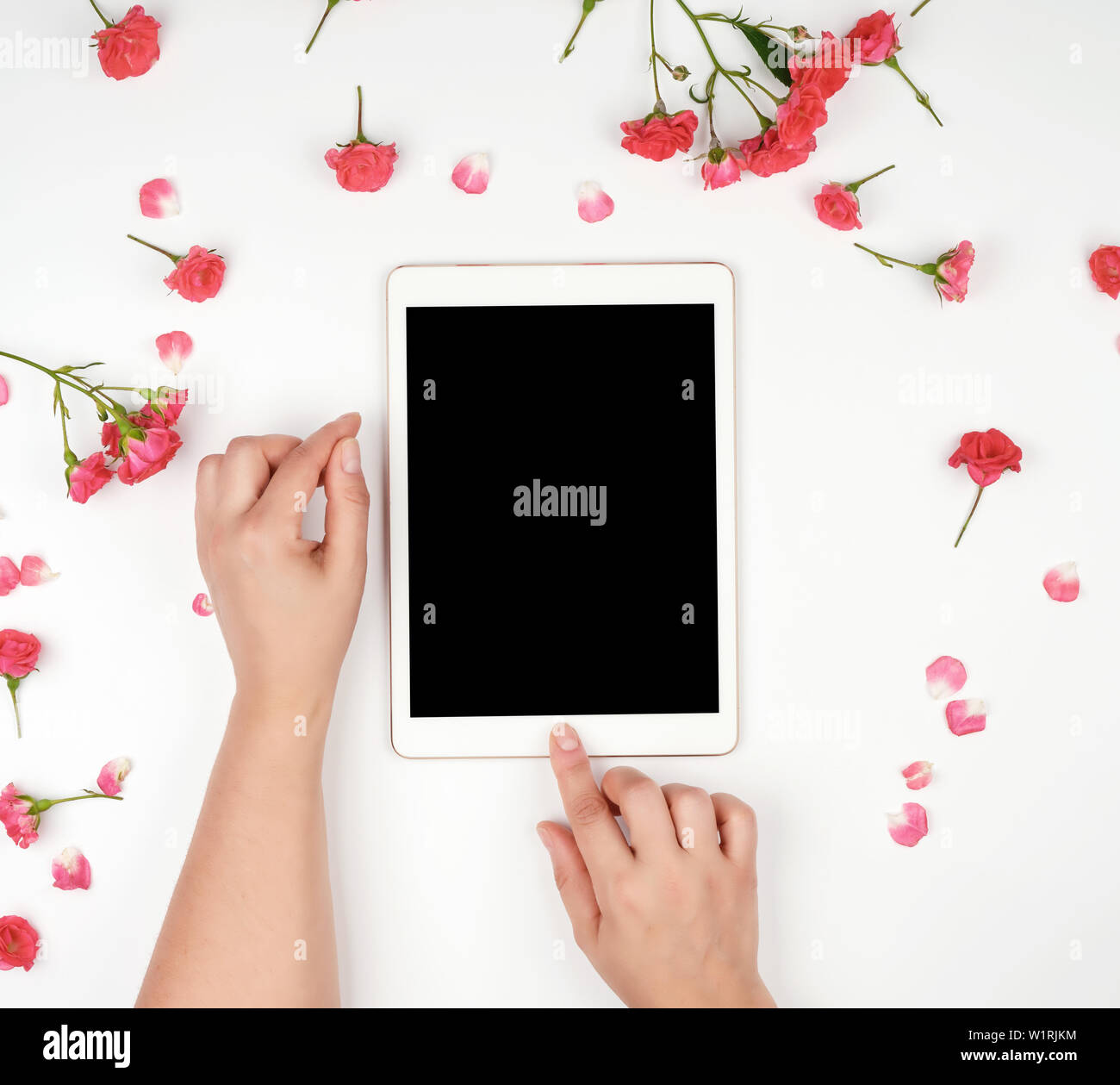 white electronic tablet with a blank black screen and two female hands ...