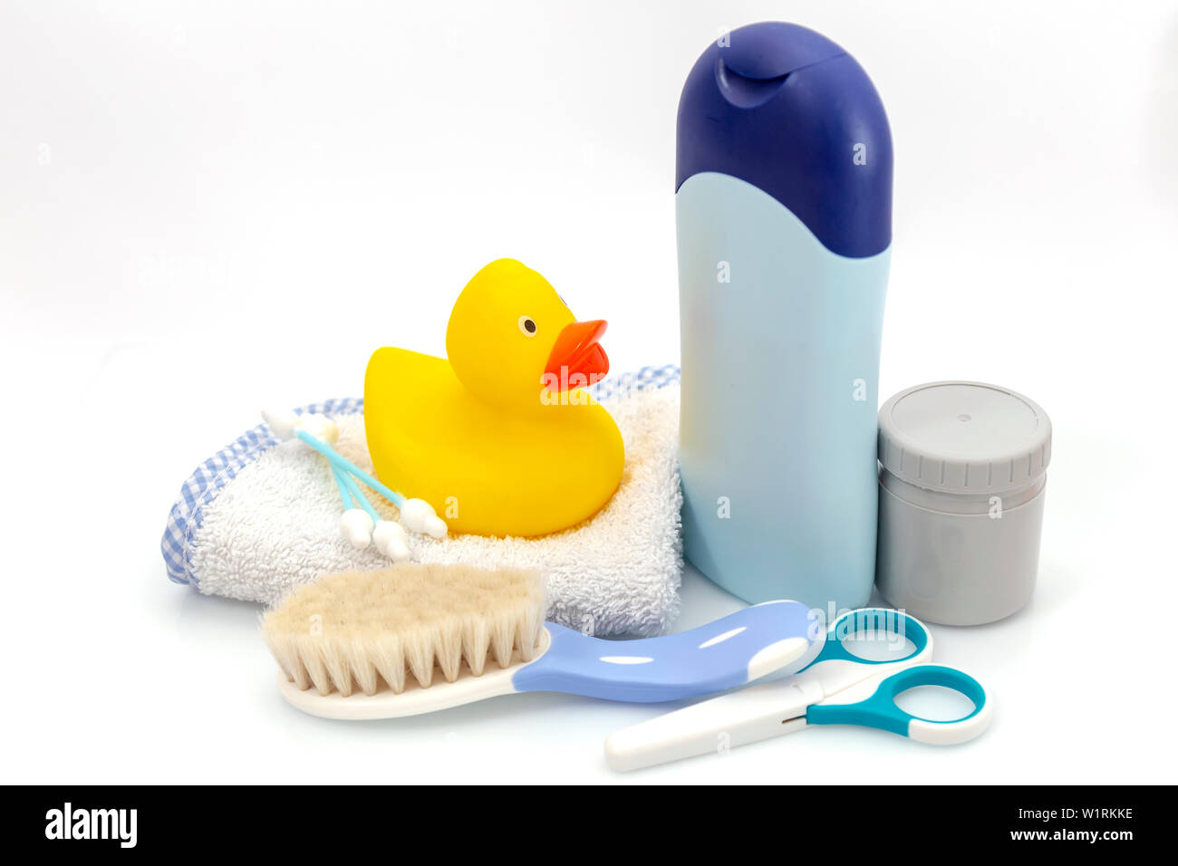 Group of things for baby bath on white background Stock Photo - Alamy