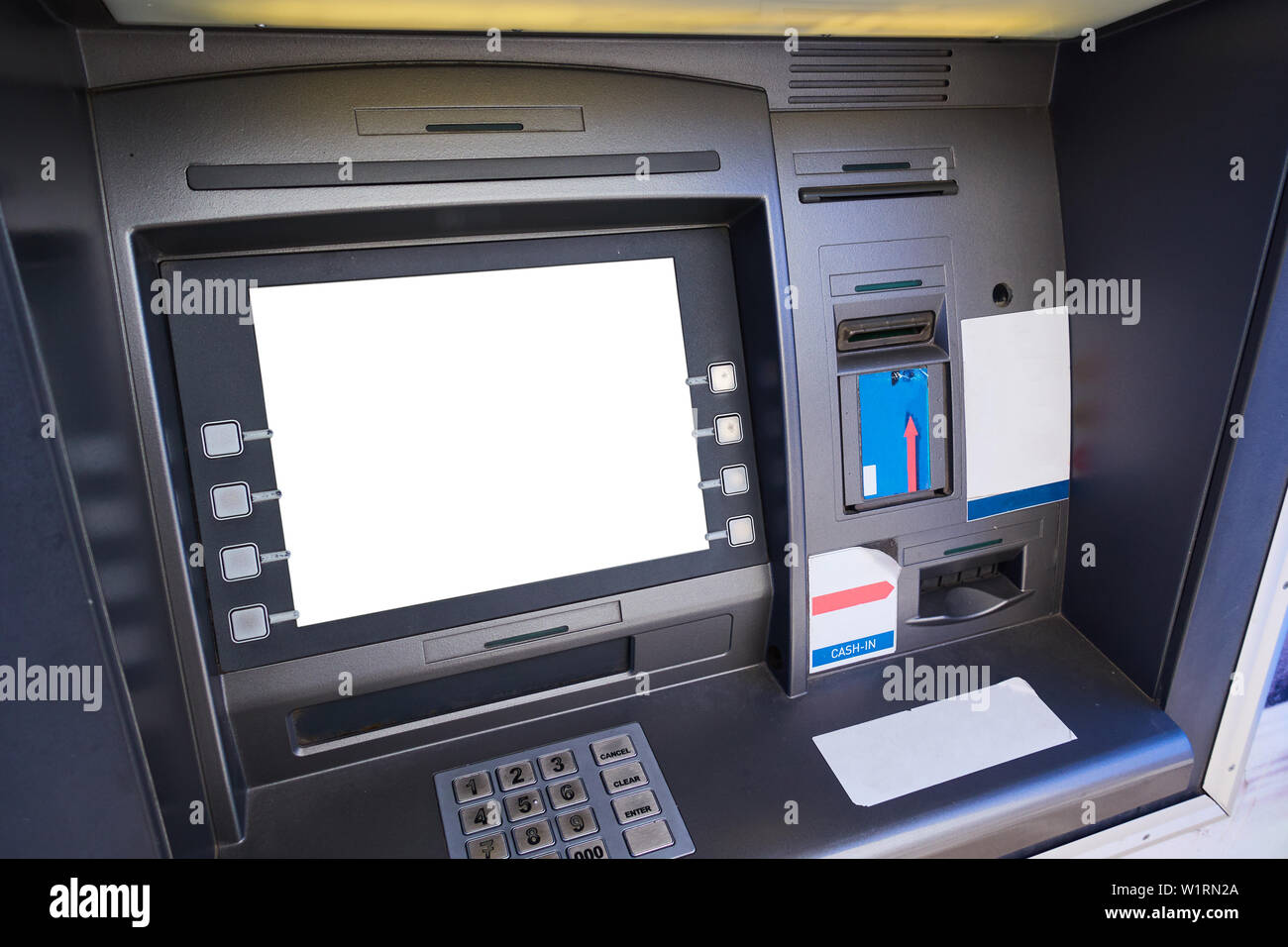 Street ATM teller machine with current operation. Blank screen for ...