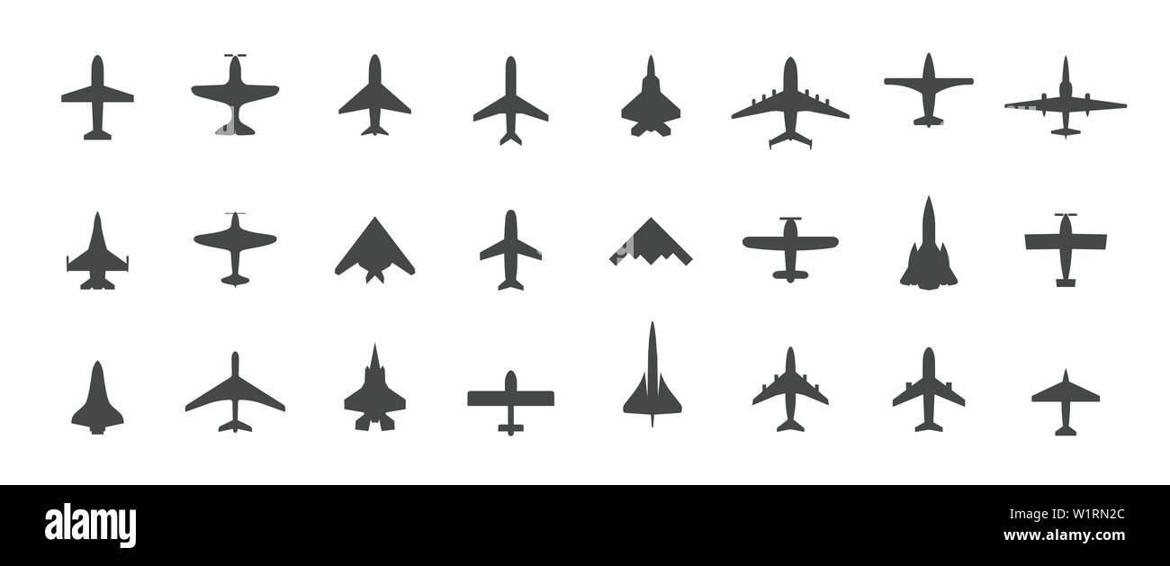 Aircraft top view icon set. Set of black silhouette airplanes, jets ...