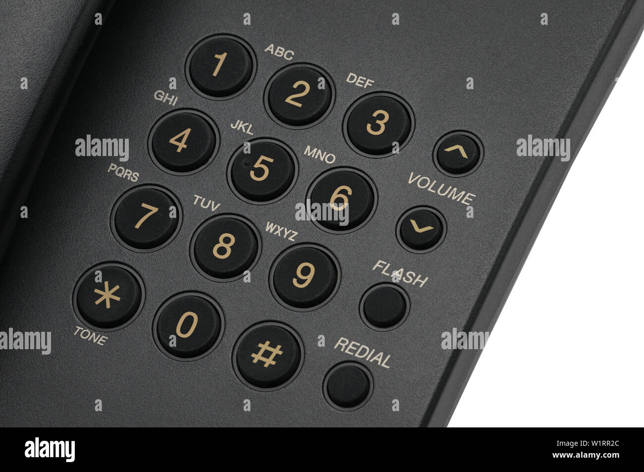 Classic wired telephone used at home and in offices on a white isolated ...