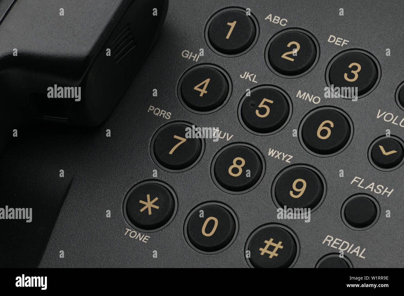 Classic wired telephone used at home and in offices on a white isolated ...