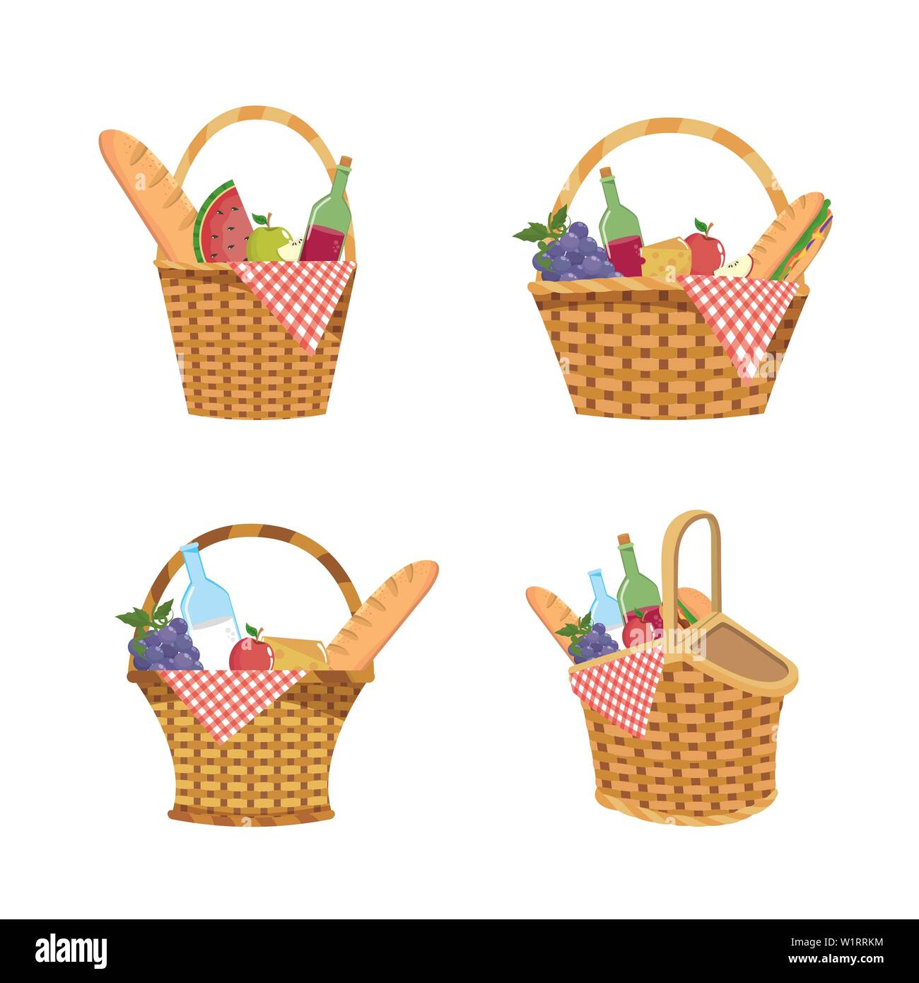 set of hamper with food and tablecloth decoration over white background ...