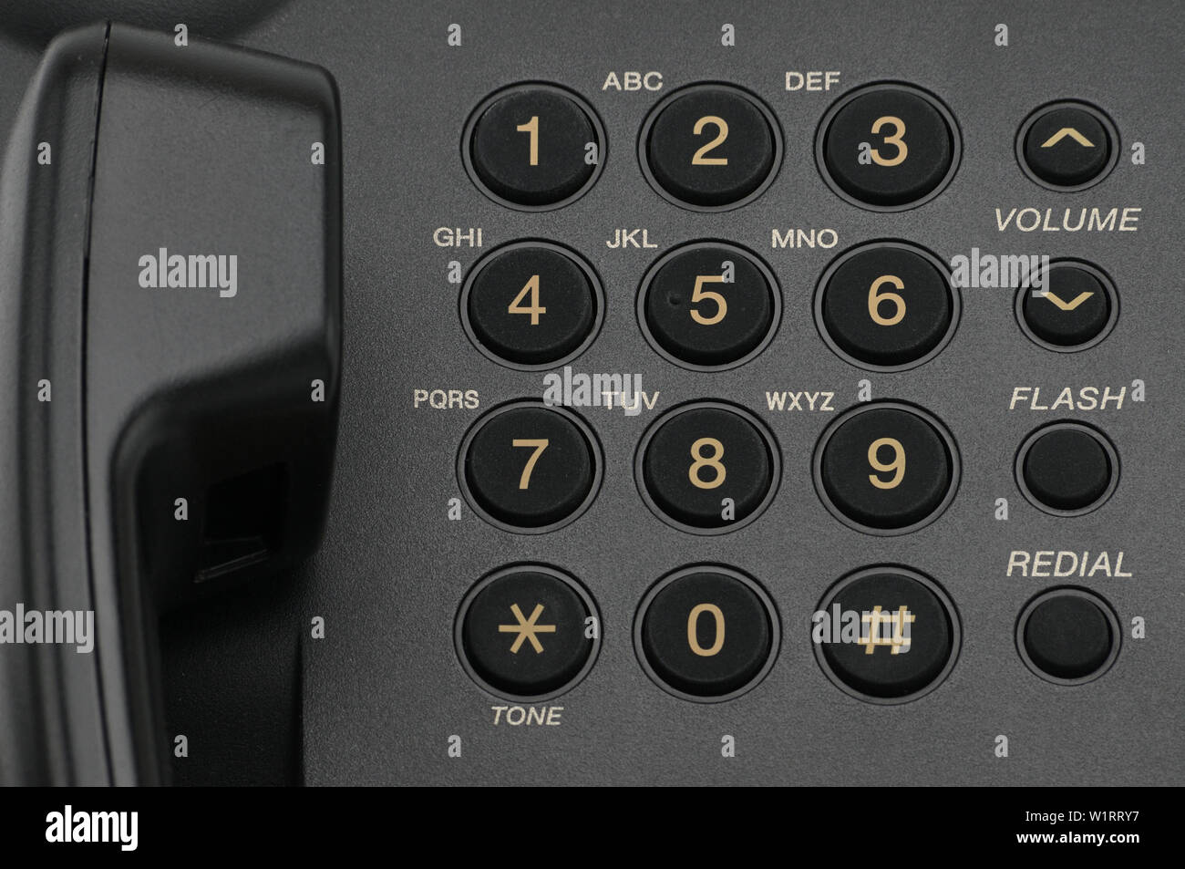 Classic wired telephone used at home and in offices on a white isolated ...