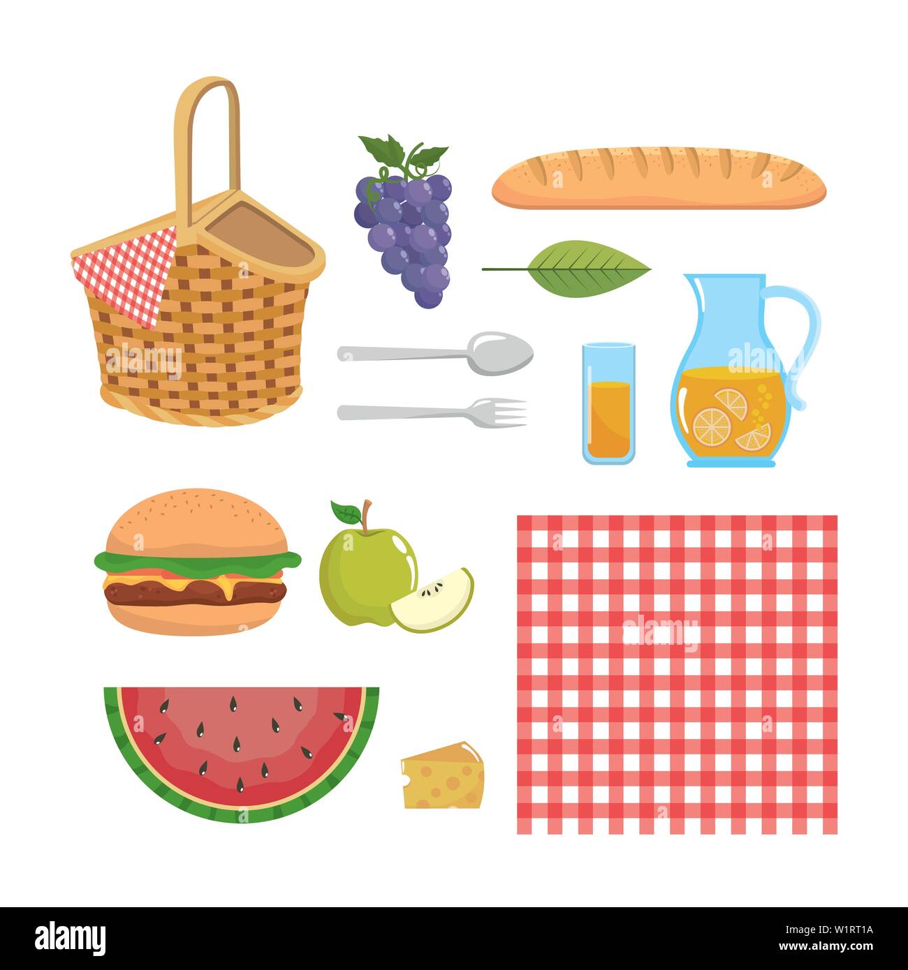 set of hamper with tablecloth and food snack over white background ...