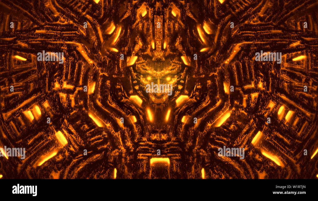 Alien wall with bas-relief and protruding robot head. Glowing lamps and ...