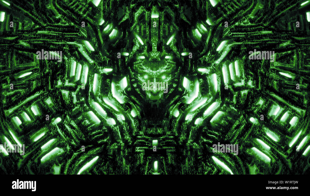 Cyber wall with bas-relief and protruding robot head. Glowing lamps and ...