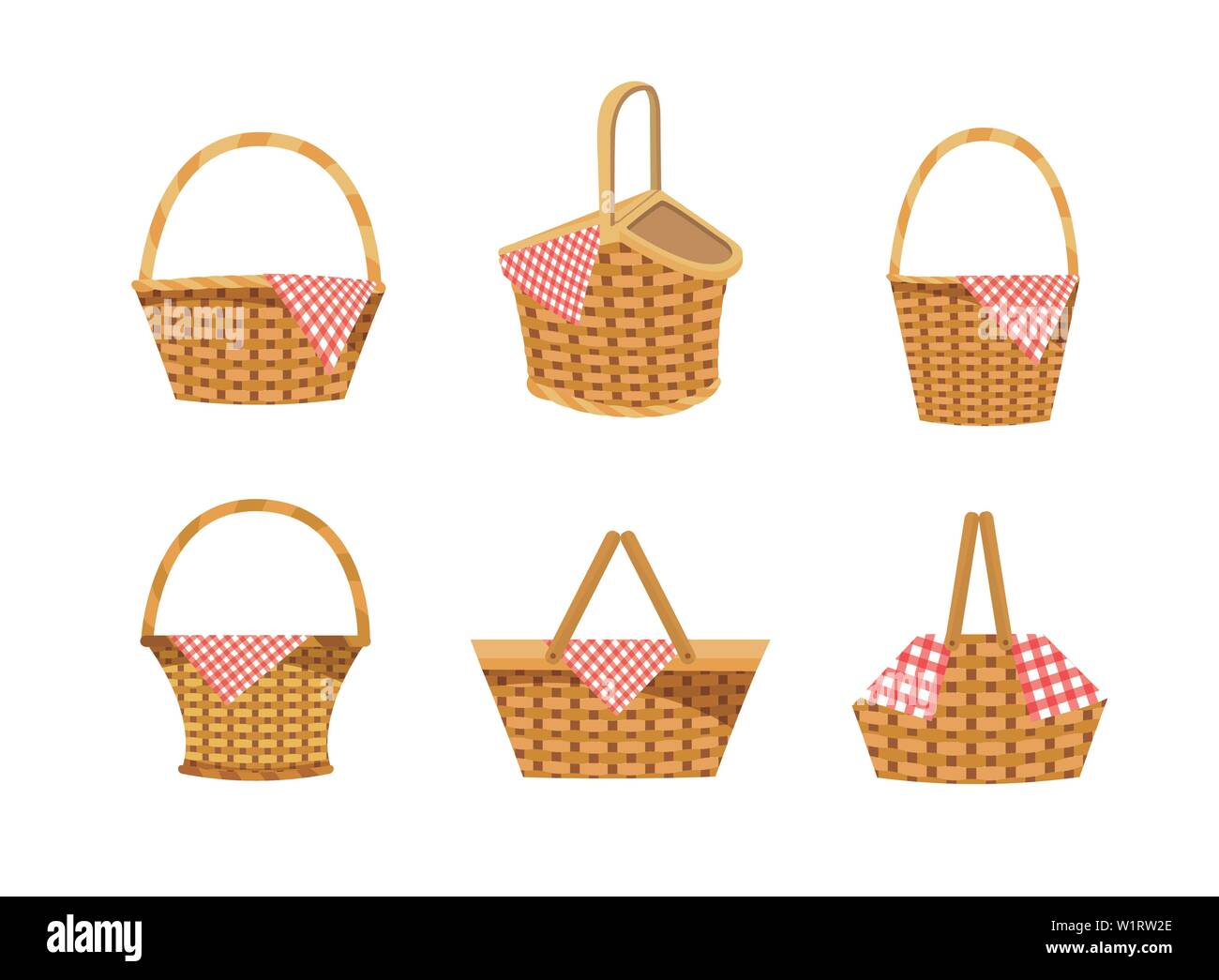 set of hamper with food and tablecloth decoration over white background ...