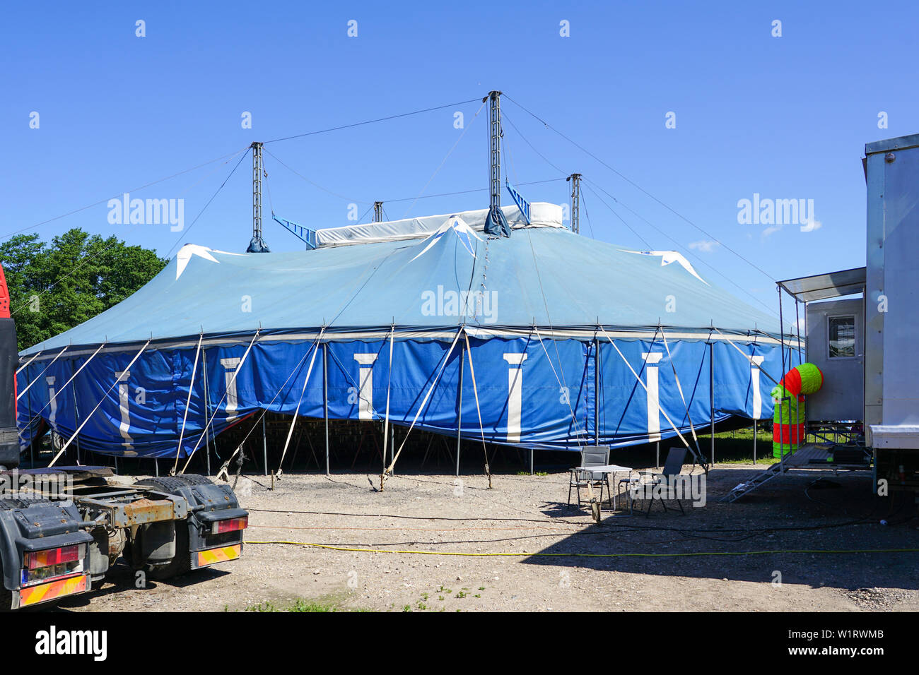 traveling circus blue tent against a blue sky, Liepaja, Latvia Stock ...