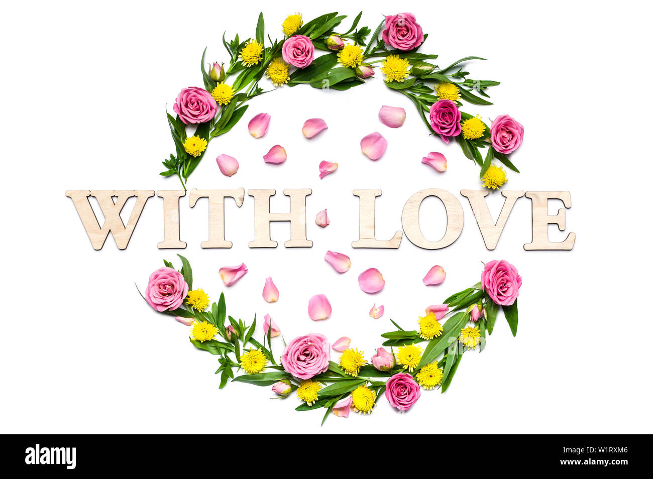 Blank wedding card. Round frame of flowers on a white background. Words ...