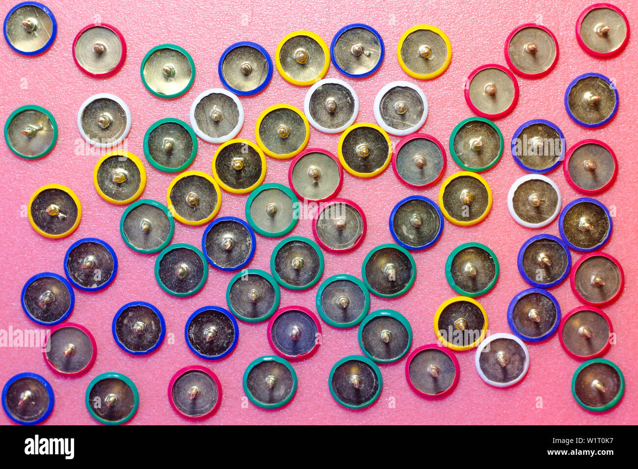 Push pins of colorful flowers. They are turned upwards with sharp parts ...