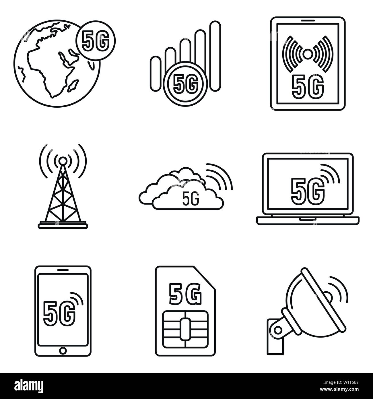5G technology network icons set. Outline set of 5G technology network ...
