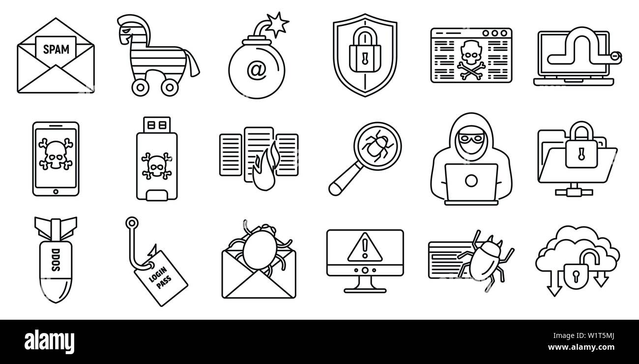 Cyber attack bug icons set. Outline set of cyber attack bug vector icons for web design isolated ...