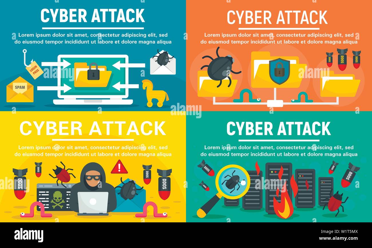 Modern cyber attack banner set. Flat illustration of modern cyber ...