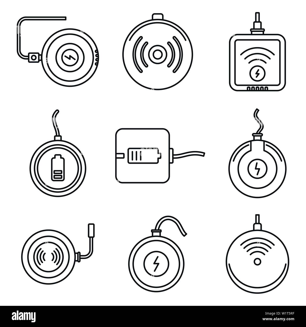 Wireless charging icons set. Outline set of wireless charging vector ...