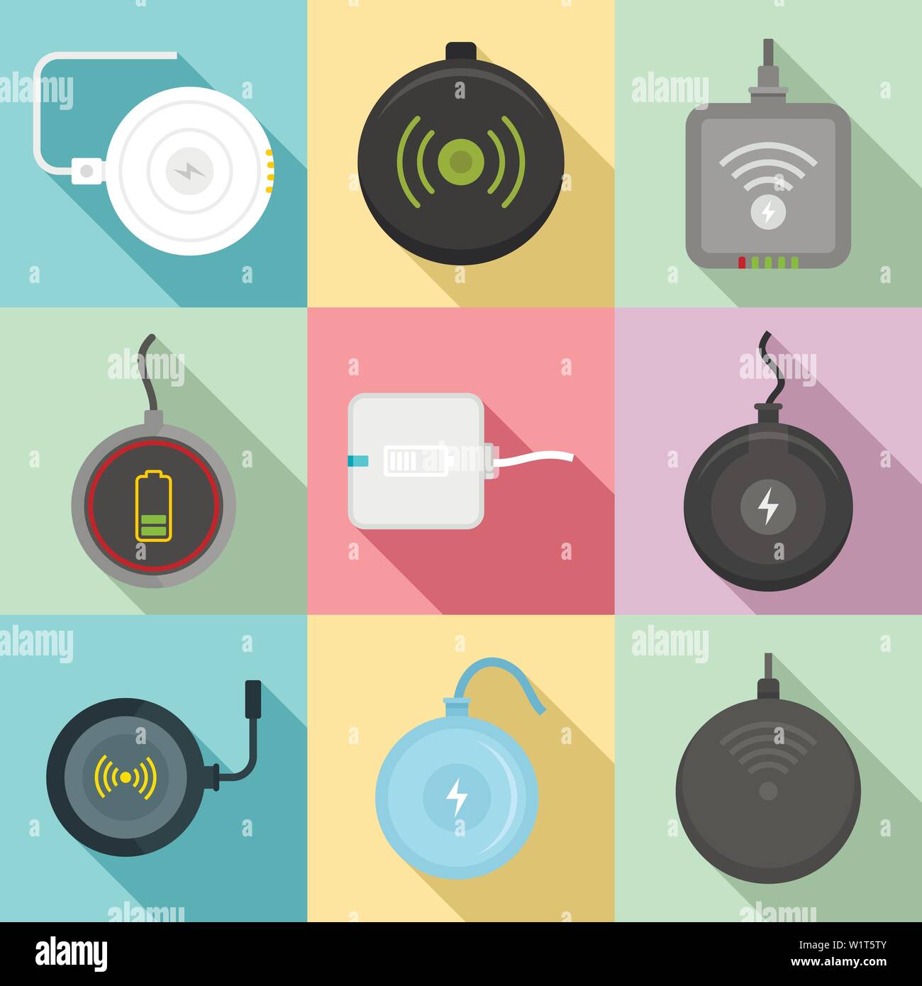 Wireless charger icons set. Flat set of wireless charger vector icons ...