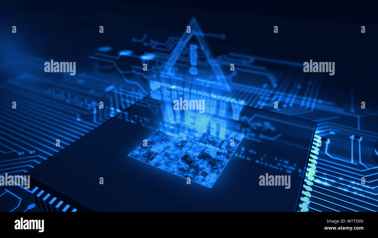 Security alert glowing hologram over working cpu in background. Cyber ...