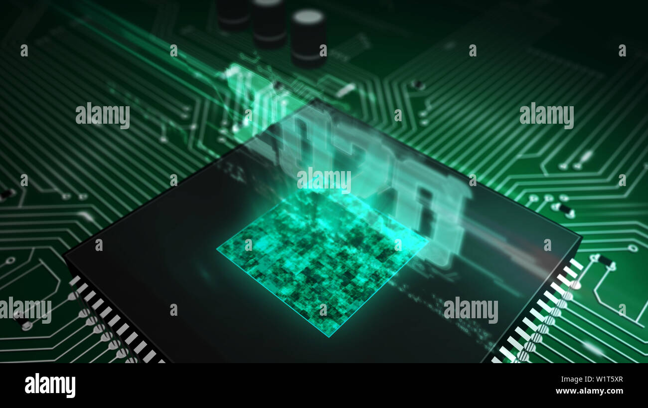 2020 year glowing hologram over working cpu in background. Modern and ...
