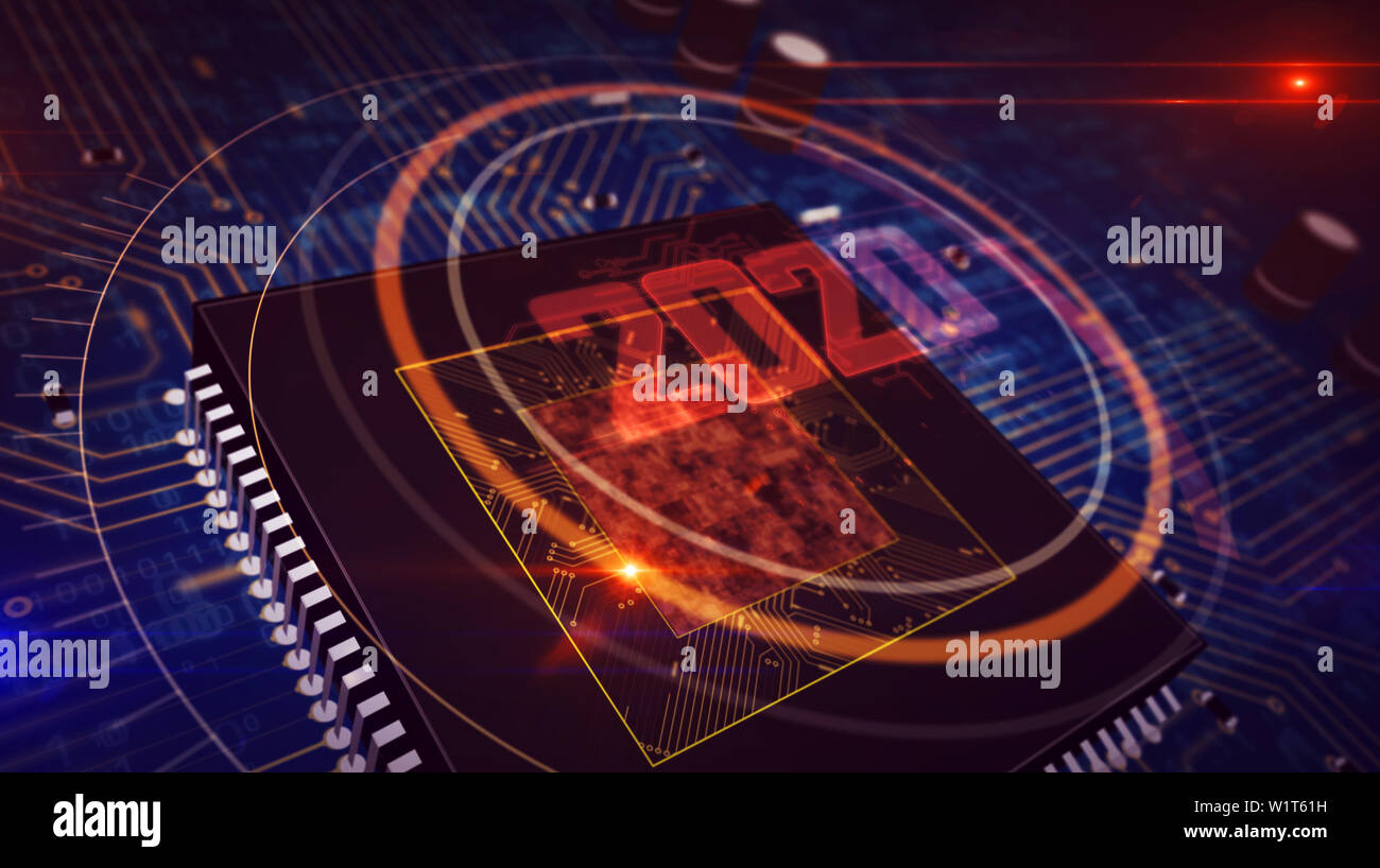 2020 year glowing hologram over working cpu in background. Modern and ...