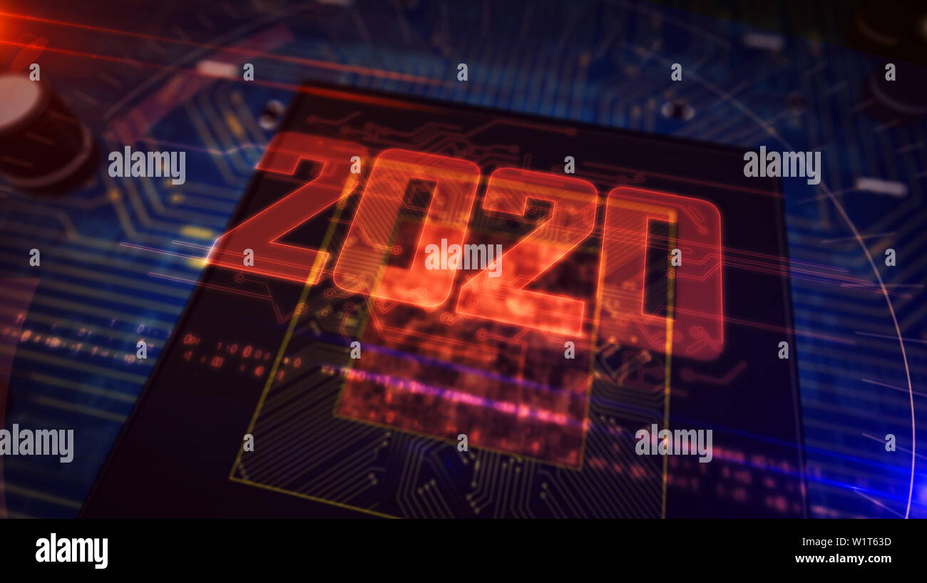 2020 year glowing hologram over working cpu in background. Modern and ...