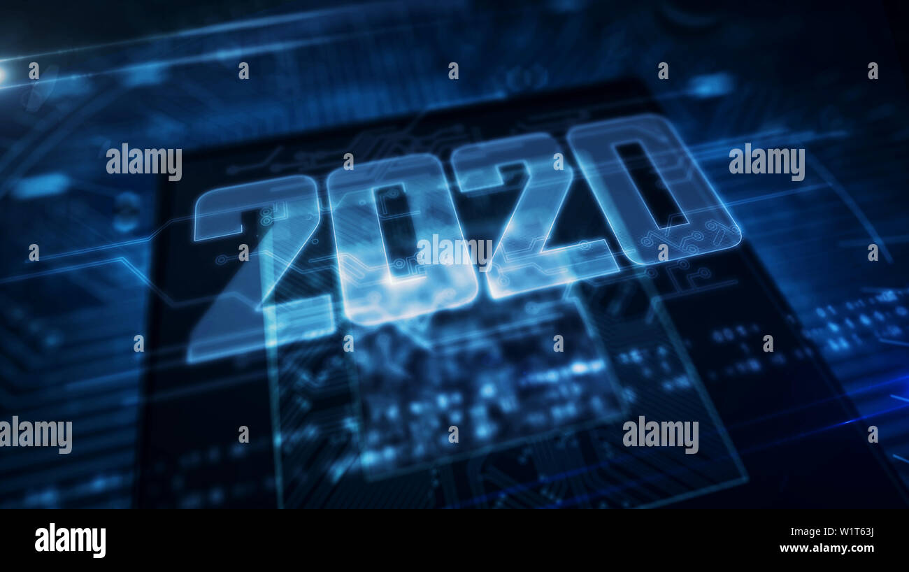 2020 year glowing hologram over working cpu in background. Modern and ...