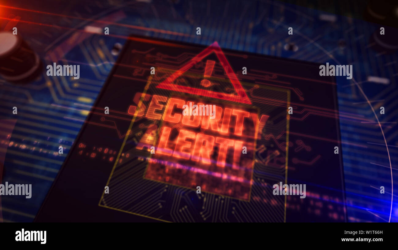 Security alert glowing hologram over working cpu in background. Cyber ...