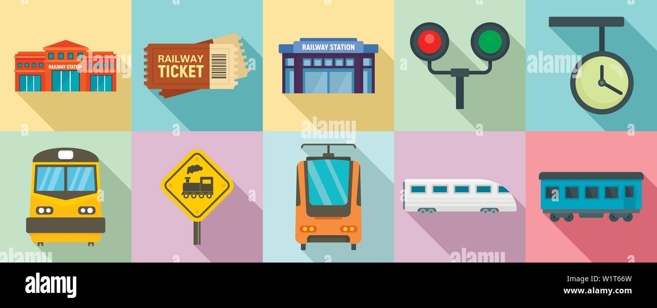 Railway station icons set. Flat set of railway station vector icons for ...