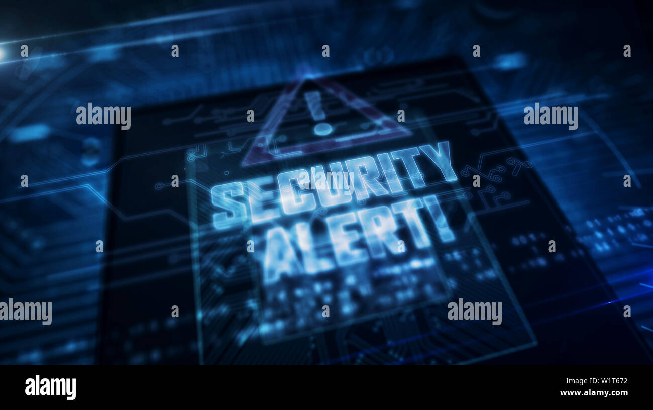 Security alert glowing hologram over working cpu in background. Cyber ...