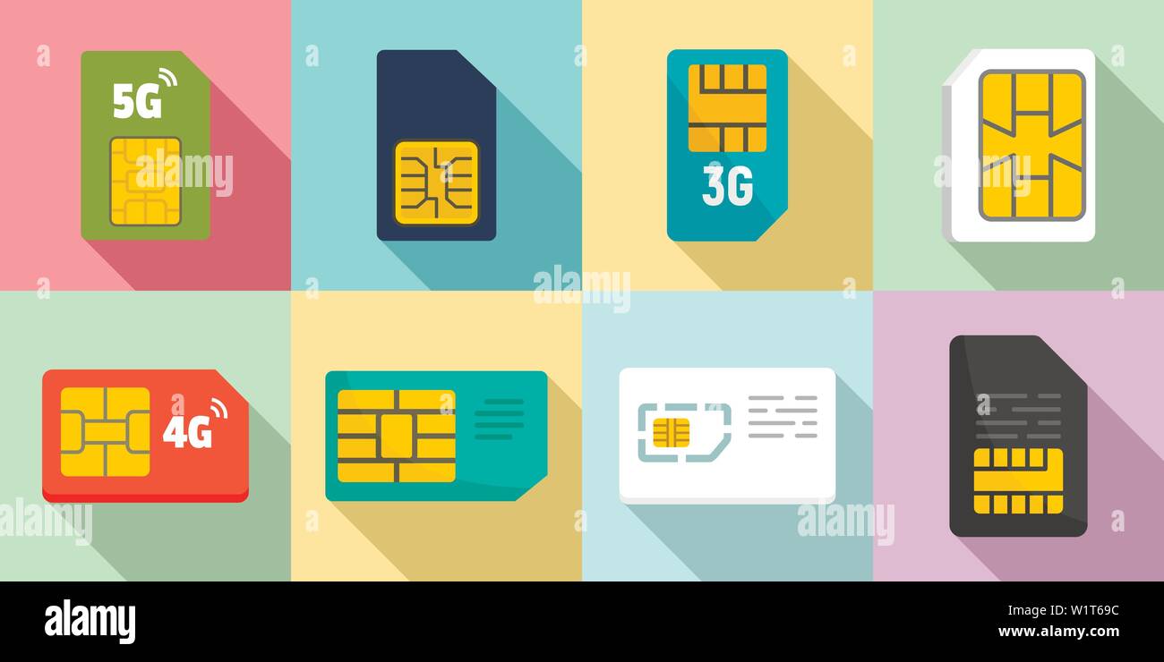 Sim phone card icons set. Flat set of sim phone card vector icons for ...