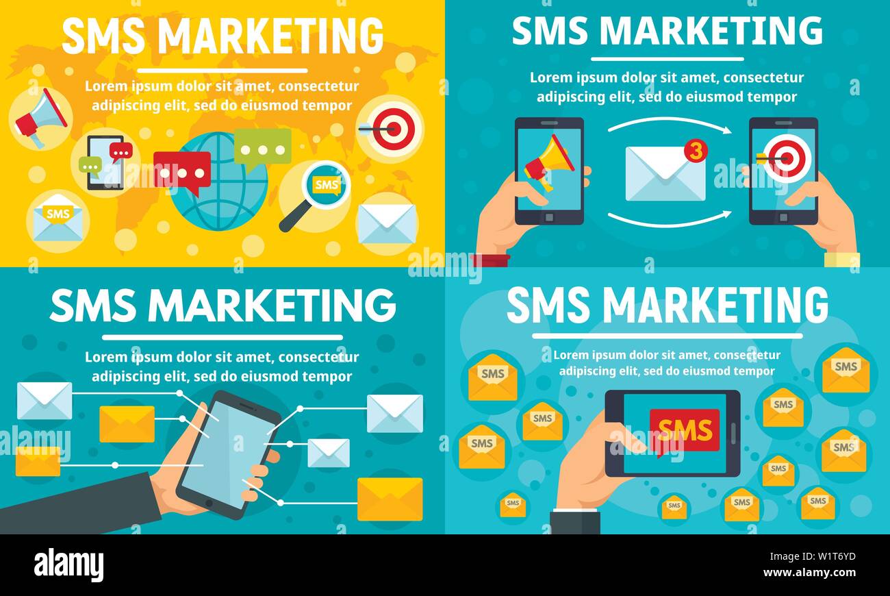 Business sms marketing banner set. Flat illustration of business sms ...