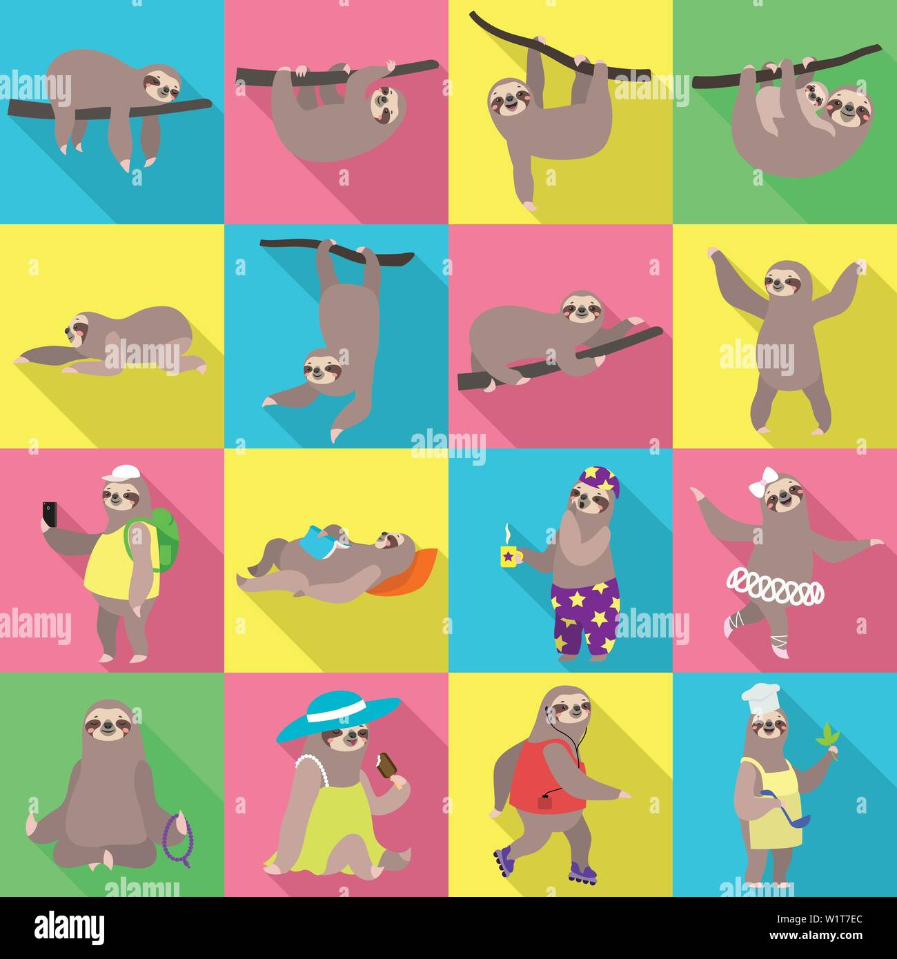 Sloth icons set. Flat set of sloth vector icons for web design Stock ...