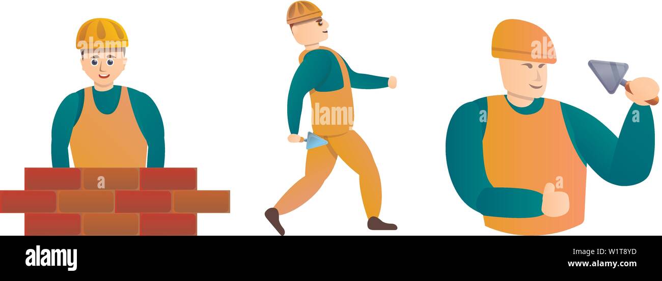 Masonry worker icons set. Cartoon set of masonry worker vector icons ...