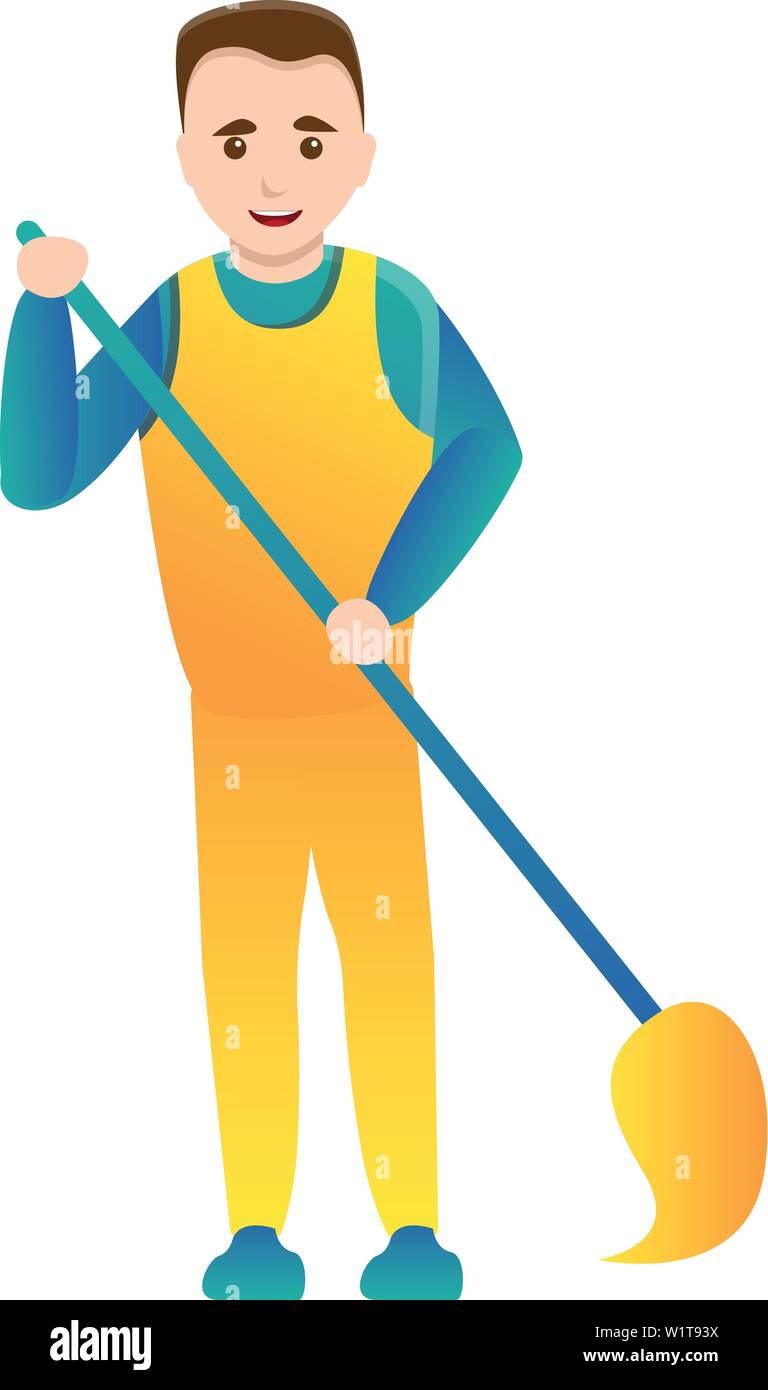 Man cleaning home with broom icon. Cartoon of man cleaning home with ...