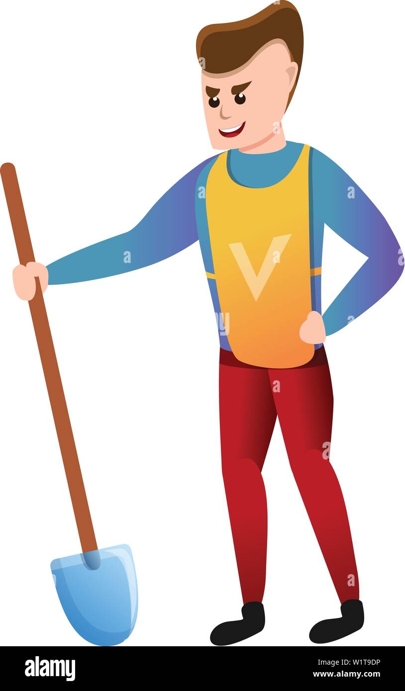 Volunteer boy with shovel icon. Cartoon of volunteer boy with shovel ...