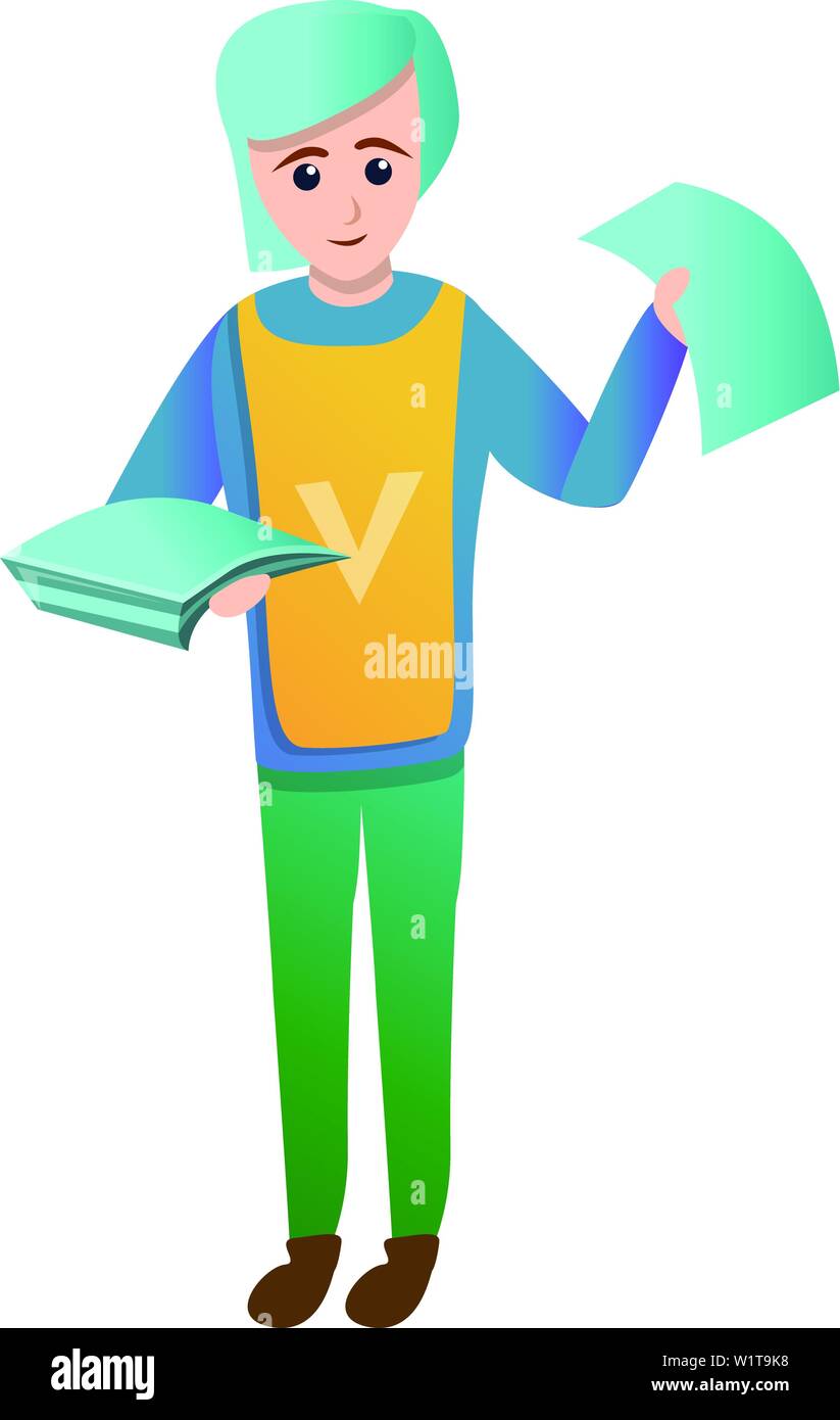 Volunteer girl give papers icon. Cartoon of volunteer girl give papers ...