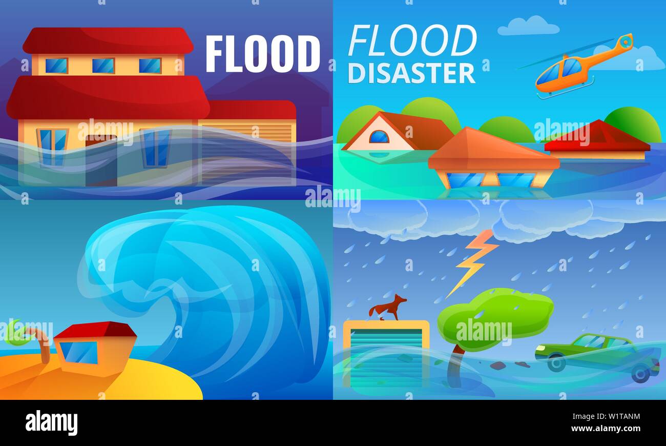 Flood disaster banner set. Cartoon illustration of flood disaster ...