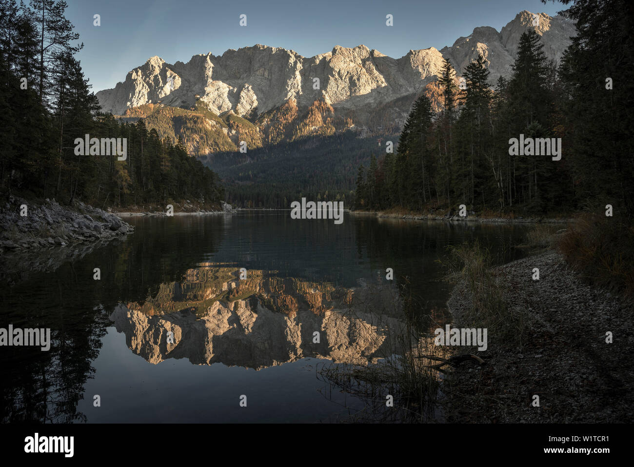 view above Eibsee towards Zugspitze mountain, Grainau community ...
