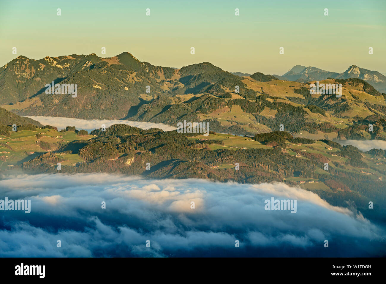 Sea of fog in valley of Inntal with Chiemgau Alps in background ...