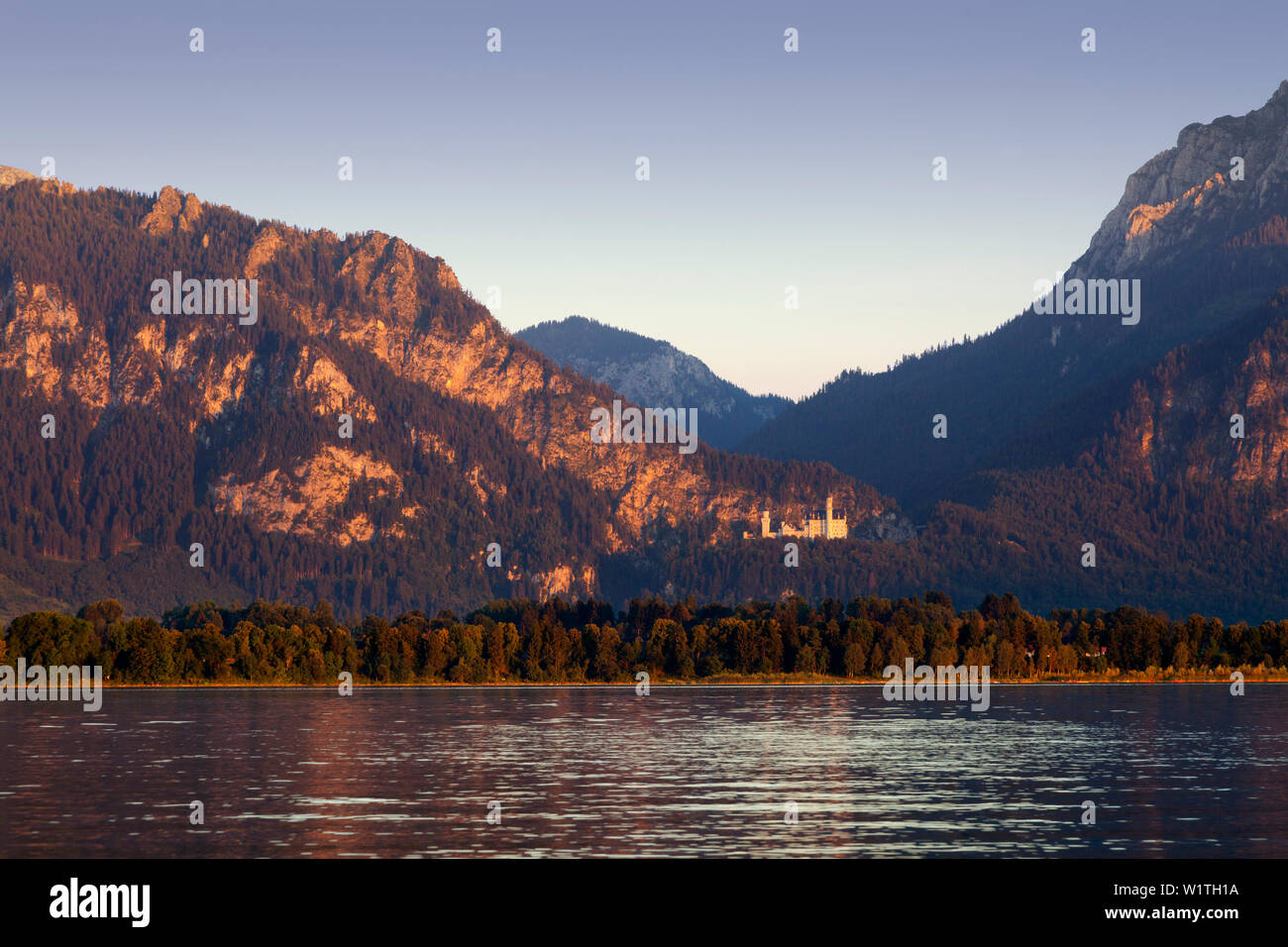 View over lake Forggensee to Neuschwanstein castle, Allgaeu Alps ...