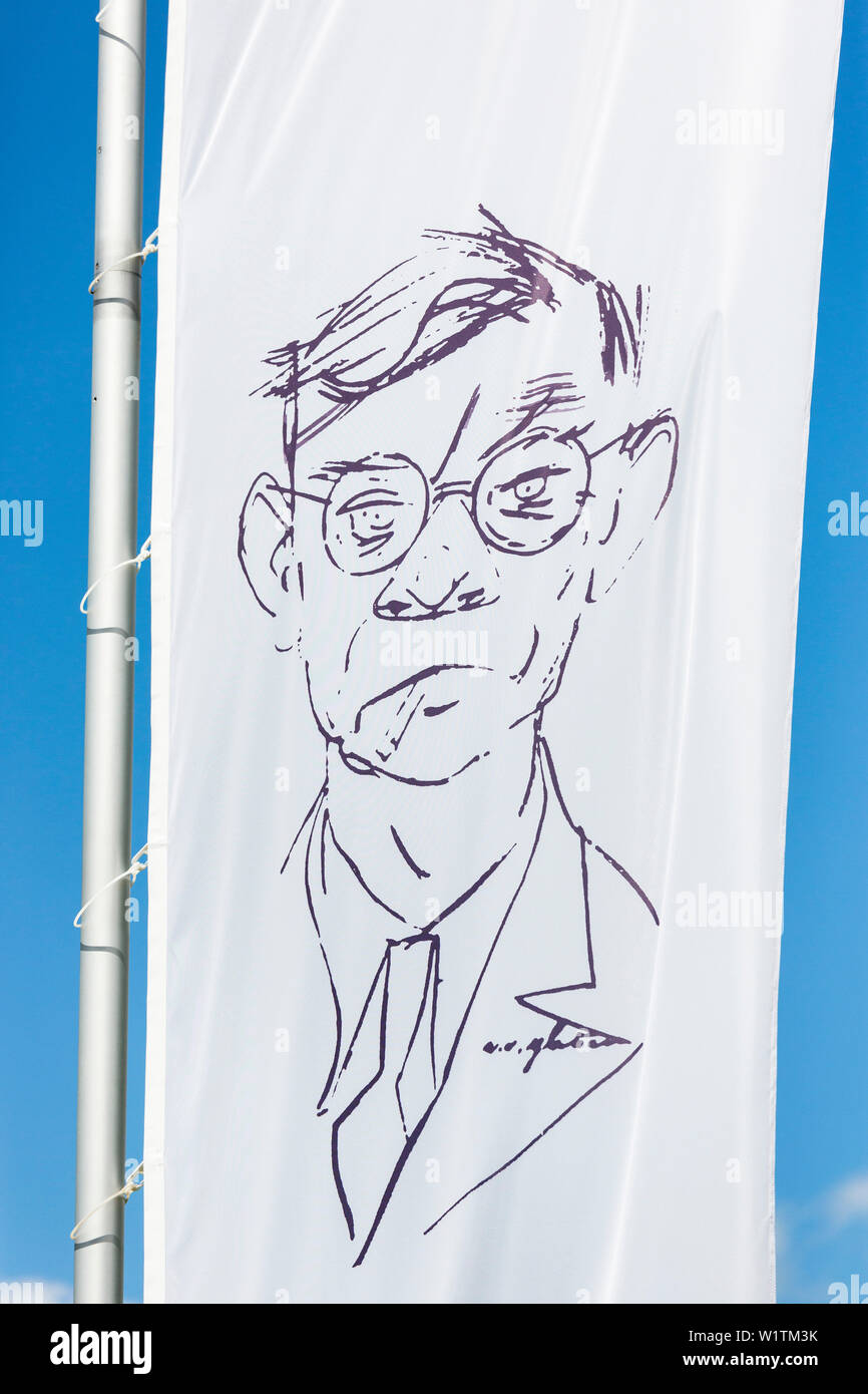 Portrait Hans Fallada, painted on banner, Fallada Museum in Carwitz ...