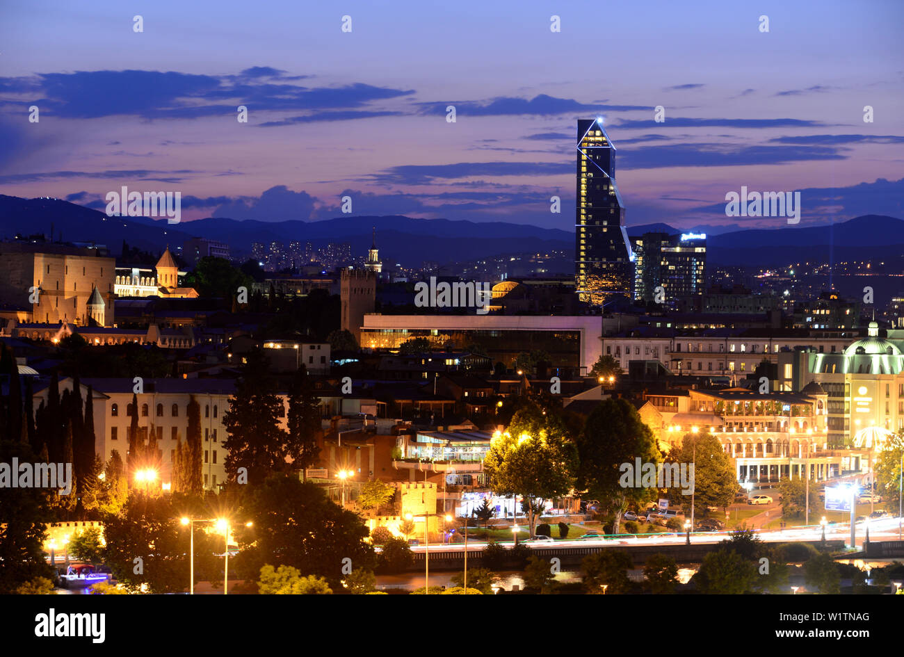 envening-view over the Rike park to the new city, Tbilisi, Georgia ...
