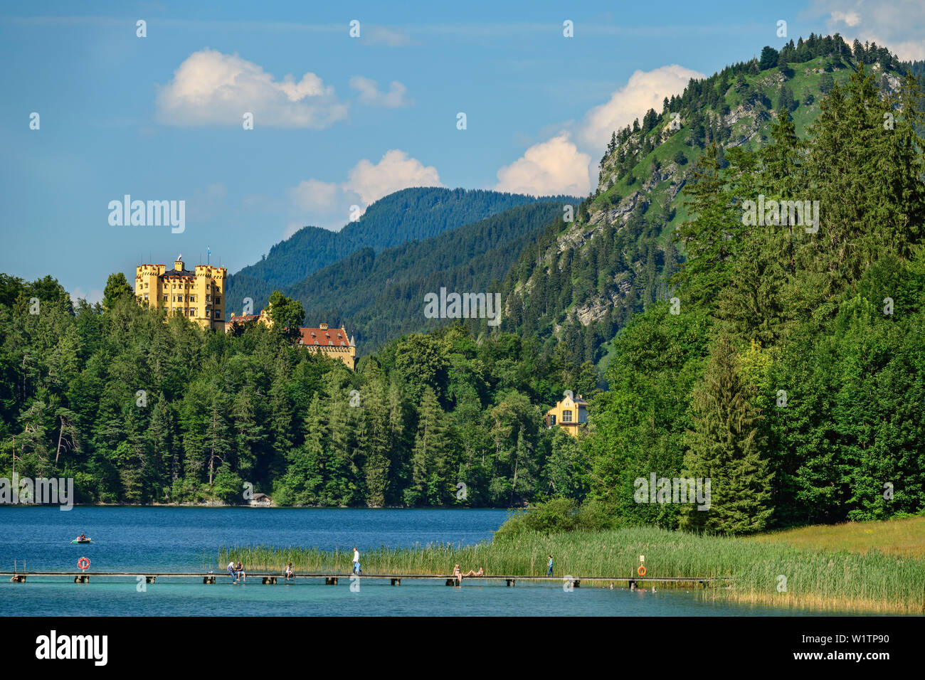 Lake Alpsee with castle Hohenschwangau, Lechweg, Ammergau Alps, Swabia ...