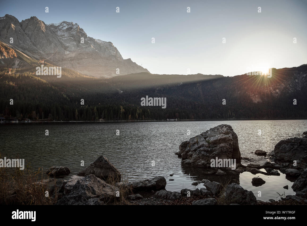 sunset at Eibsee below Zugspitze mountain, Grainau community, Garmisch ...