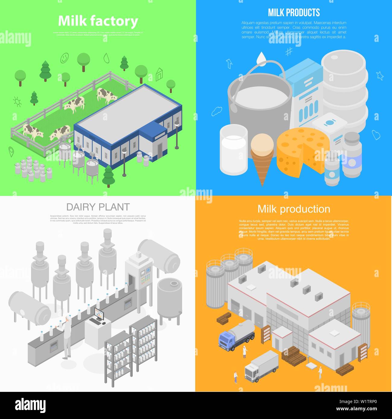 Modern milk factory banner set, isometric style Stock Vector Image ...